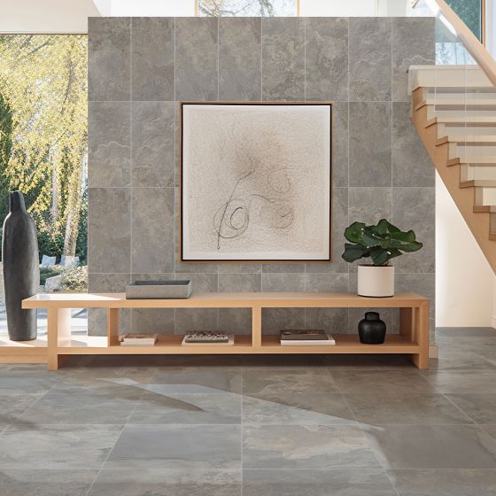 60x60cm Italian Grey Slate Effect Porcelain Tile | Realistic Stone Look ...